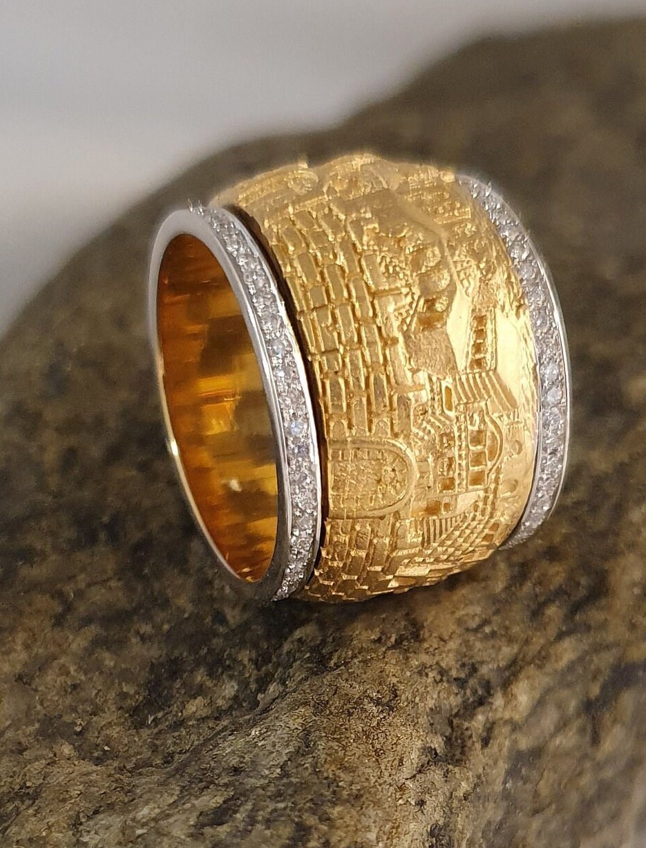 18k Gold Spinning Ring With Diamonds, Israeli Ring, Jerusalem Ring ...