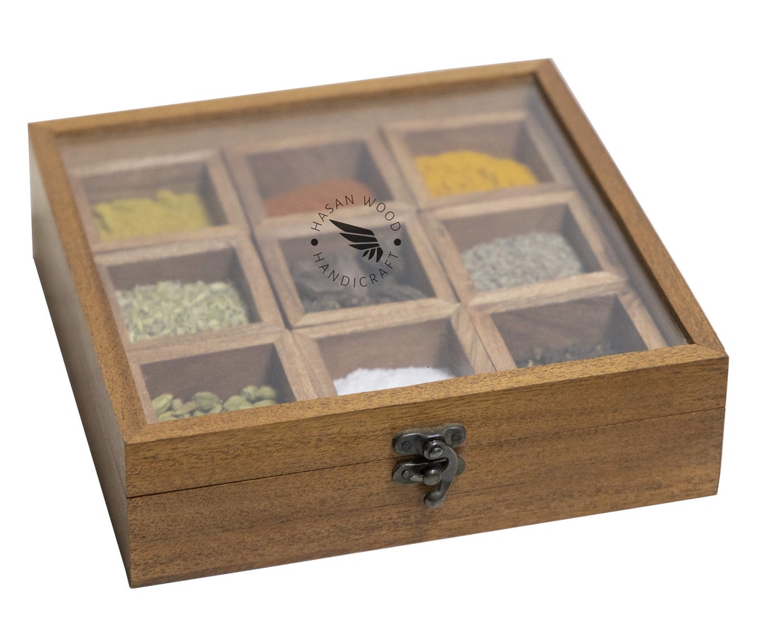 Acacia Wood Spice Box Handcrafted - Wooden Spice Racks - Wooden Spice ...
