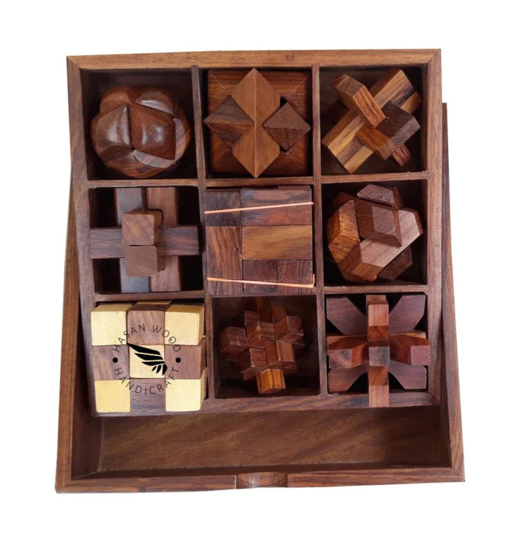 Handmade STEM Brain Teaser Puzzle Set, 9 Wooden Mechanical Puzzles, the ...