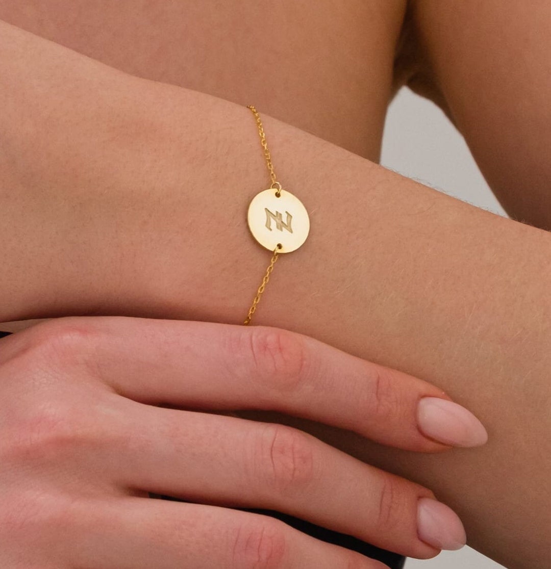Personalized Disc Letter Bracelet, Tiny Disc Bracelet, Dainty Letter Disc, Birthday Gift ...