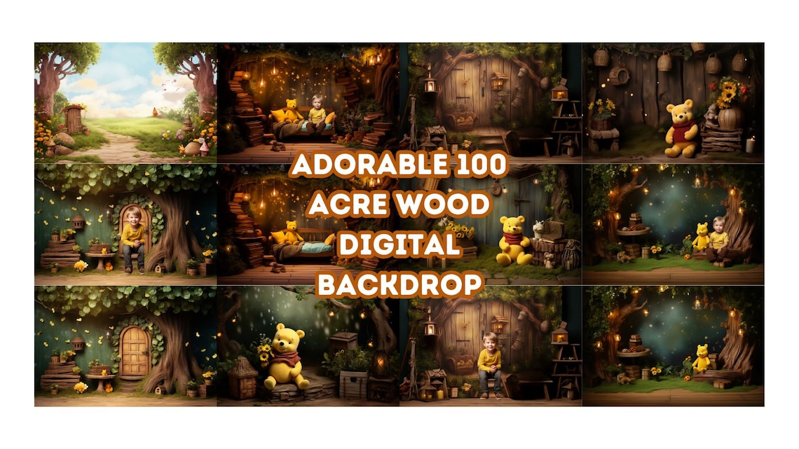 Adorable 100 Acre Wood Digital Backdrops for Pooh Bear Themed Photography Background Photoshop ...