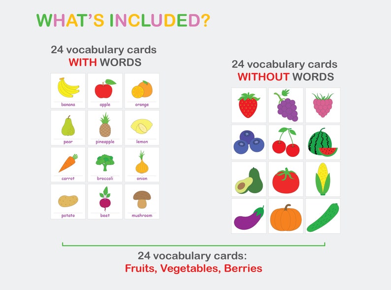 Fruits, Vegetables, Berries Flashcards, Preschool Kindergarten ...