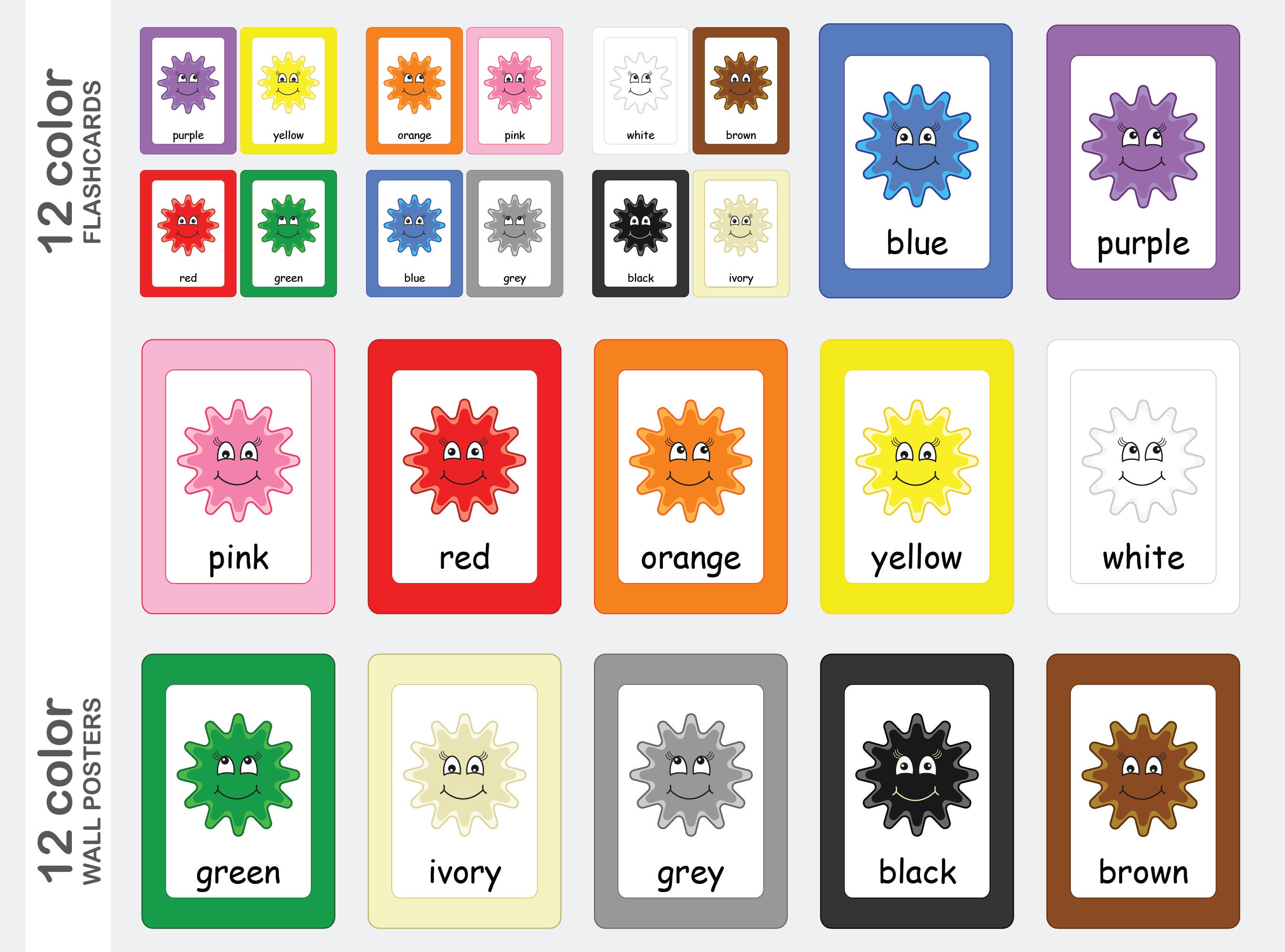 Smiley Colour Cards/posters, 12 Colours, Classroom Decor, ESL ...