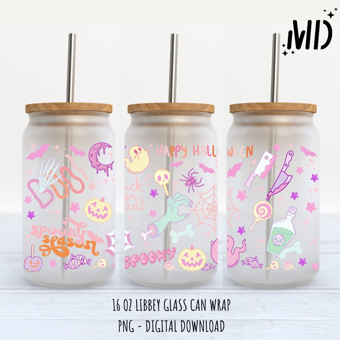 Pink Halloween Libbey 16oz, Halloween Ghost Glass Can 16oz, Neutral ...
