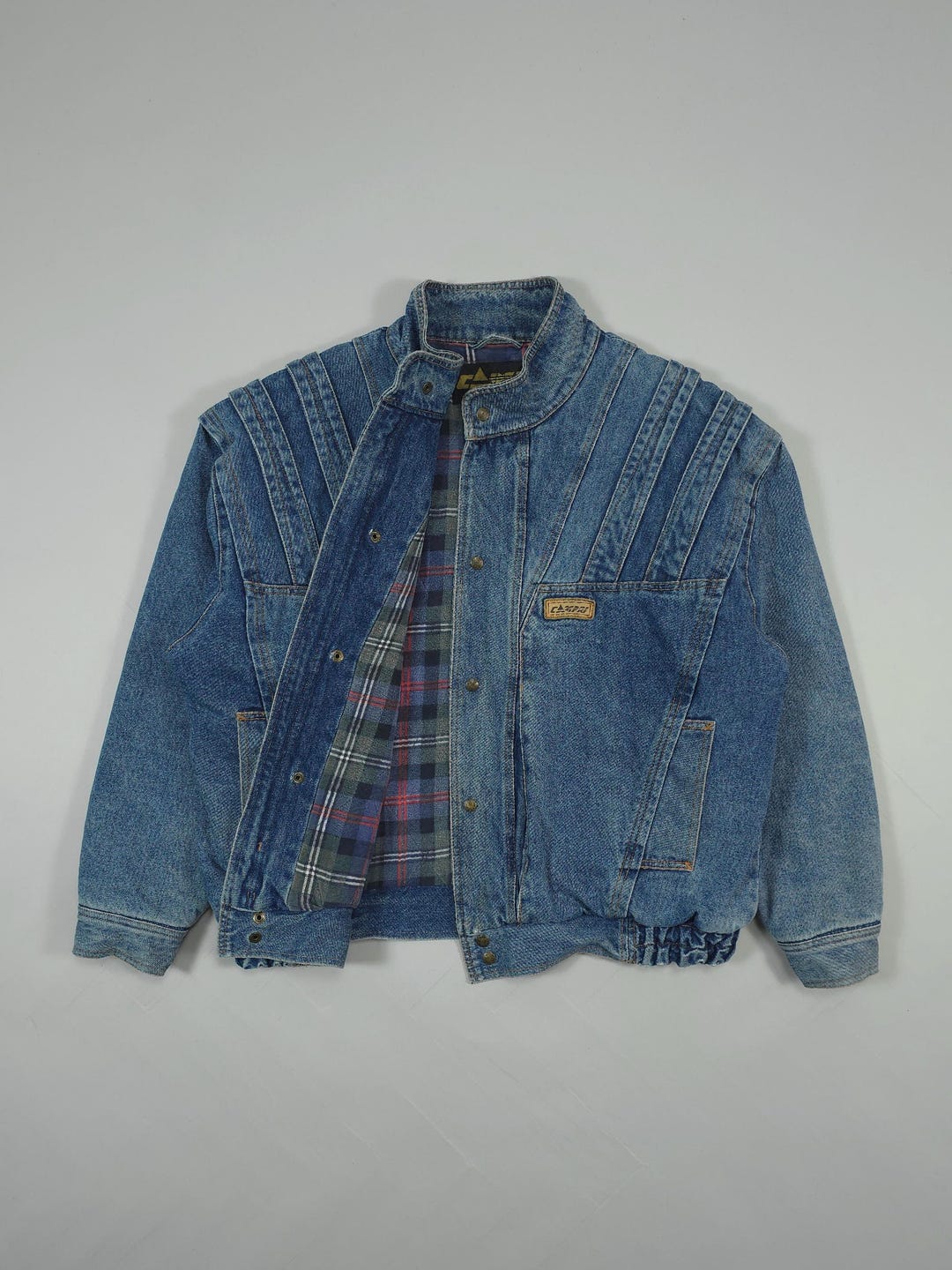 80s Campri Wyatt Heavy Denim Jacket With Padded Stripe Detailing – Blue ...