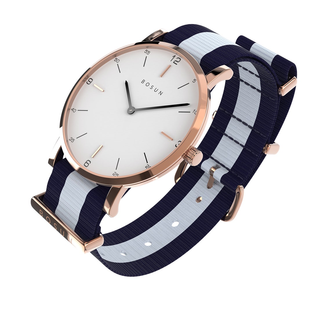 Bosun Clipper 40mm Watch in Rose Gold Unisex White & Blue Nato Strap ...