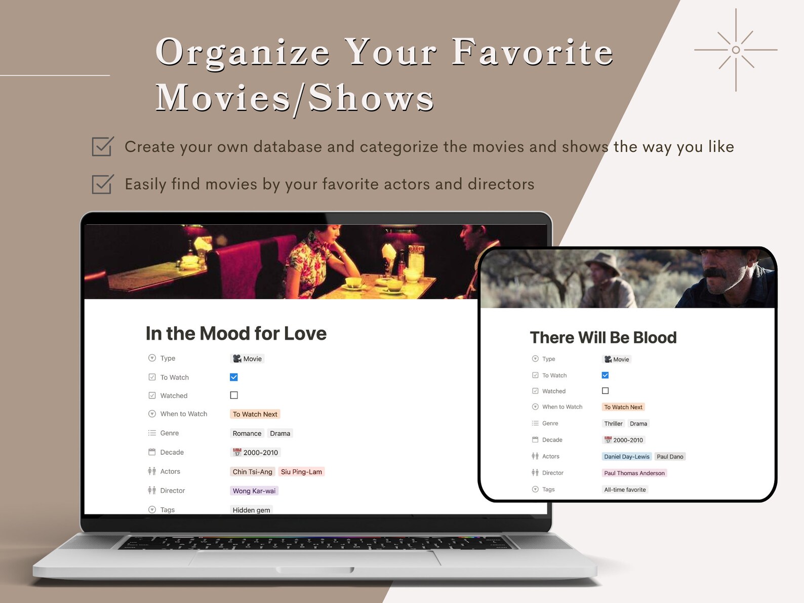 Movie & TV Show Tracker Notion Template - Aesthetic Notion Film Planner ...