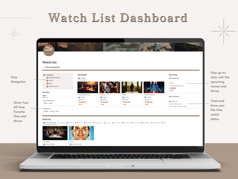 Movie & TV Show Tracker Notion Template - Aesthetic Notion Film Planner ...