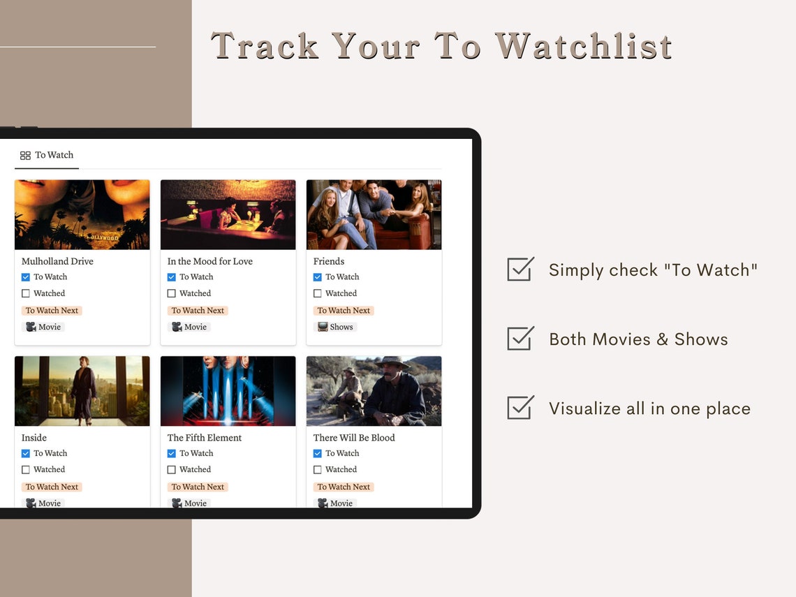 Movie & TV Show Tracker Notion Template - Aesthetic Notion Film Planner ...