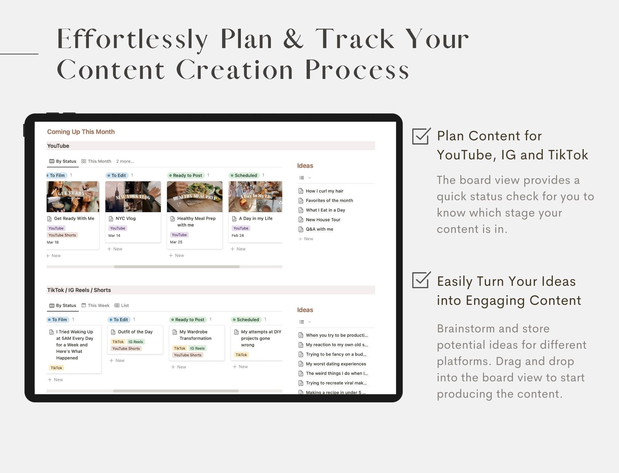 Notion Template Social Media Video Content Planner Creators - Etsy