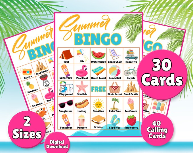 SUMMER BINGO 20 Cards Game, Printable Party Game, Instant Digital ...