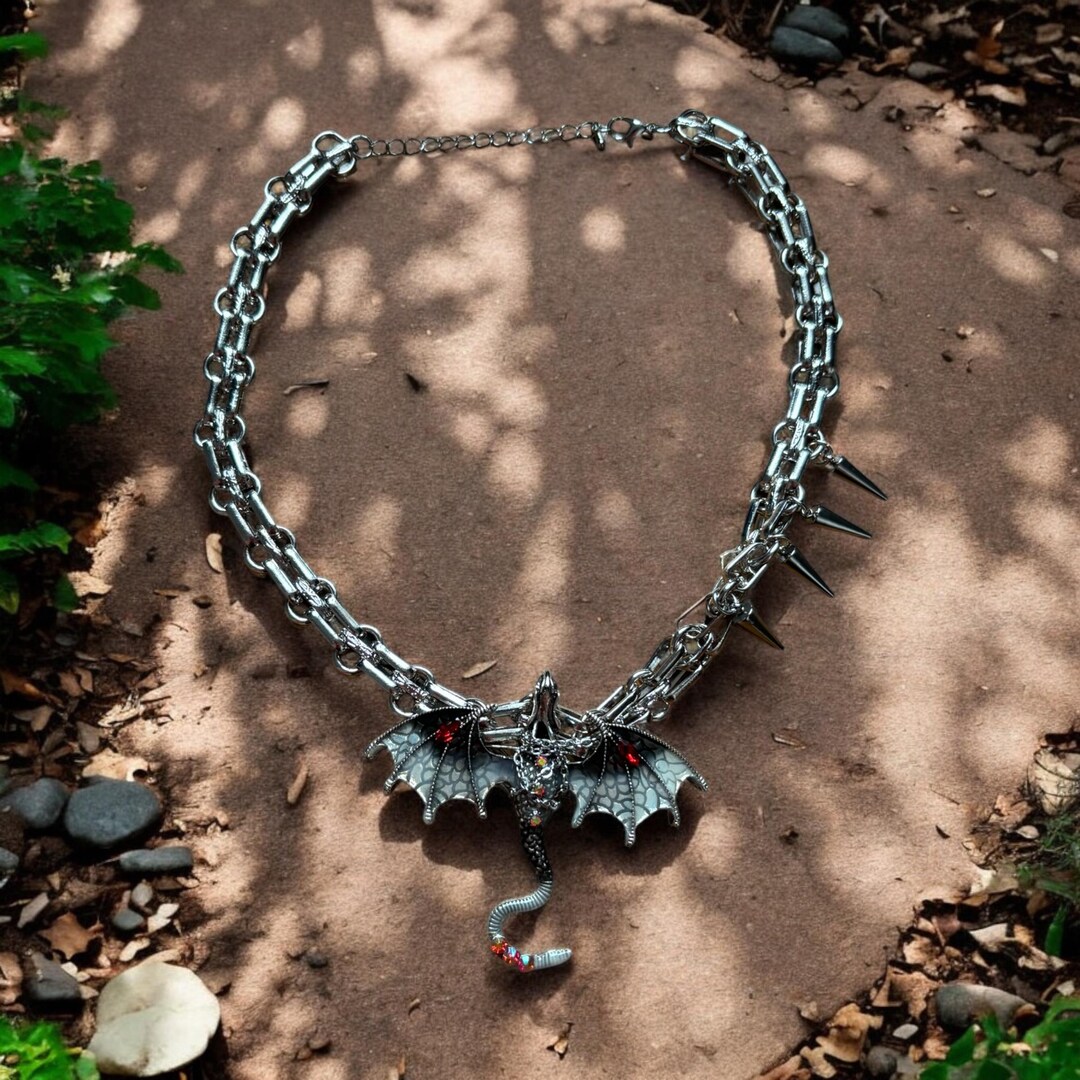 Y2K Dragon Pendant Necklace, Fantasy Gothic Chain Choker, Punk Spiked ...