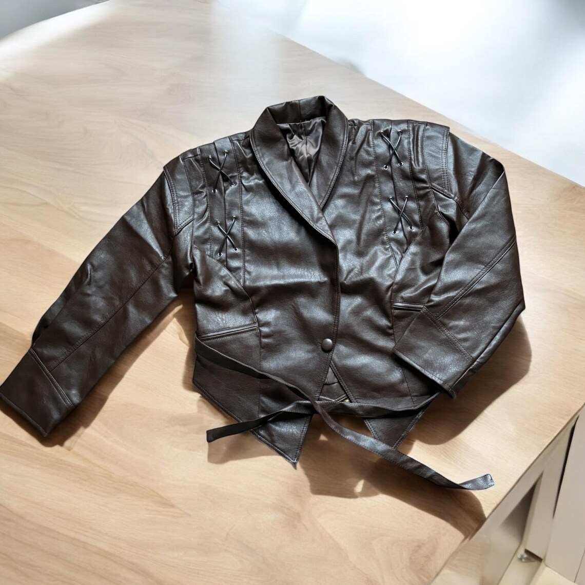 Brown Vegan Leather Wrap Jacket, Vintage-inspired Lace-up Jacket, Women ...