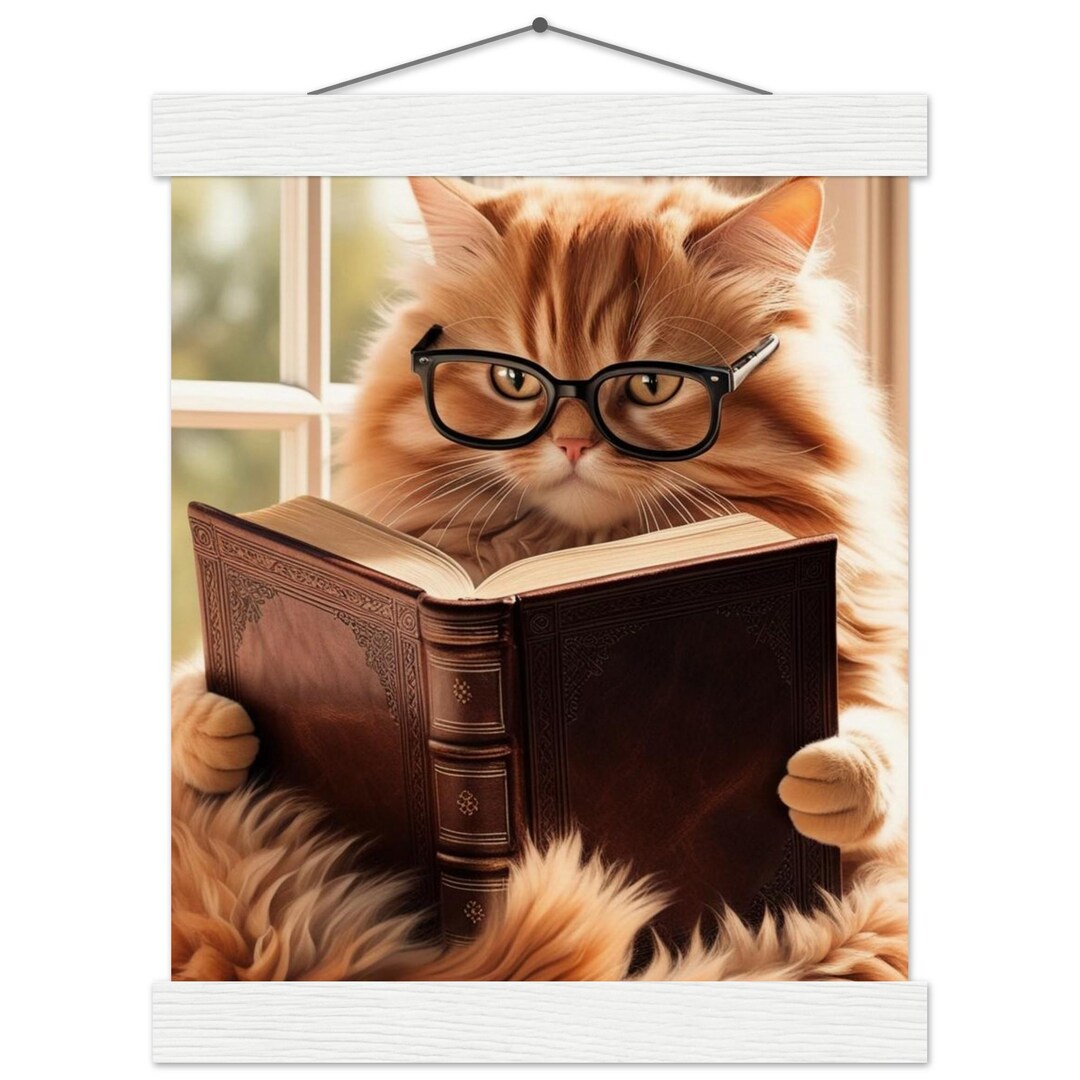 Charming Cat Reading a Book Poster With Pine Wood Hanger - Perfect for ...