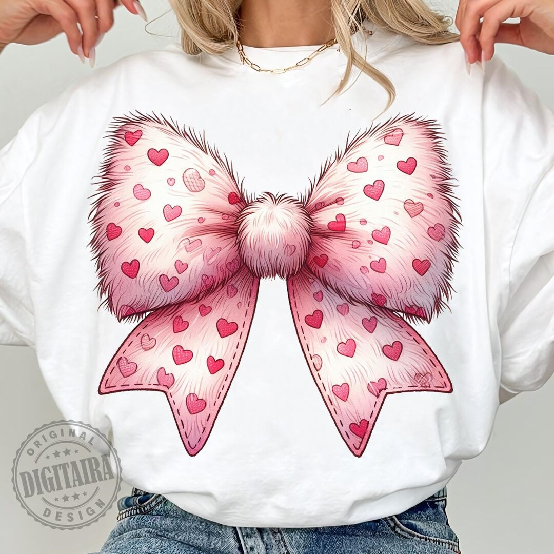 Pink Fur Bow Valentines Day Coquette Png, Retro Valentine Bow Png ...