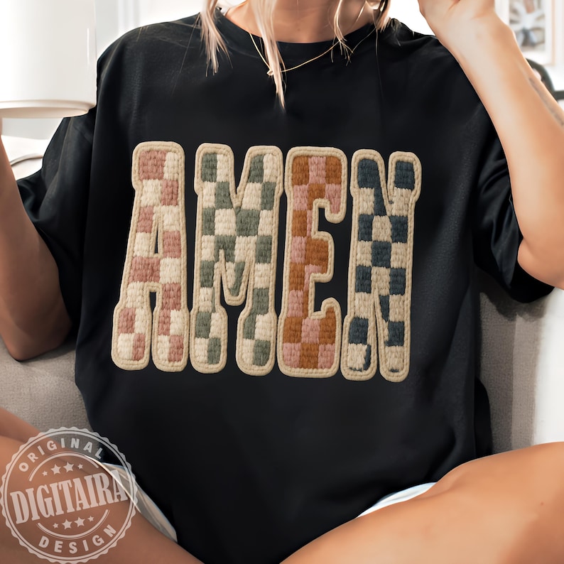 Amen Png, Crochet Christian Checkered PNG Retro Yarn Faith Png Blessed ...