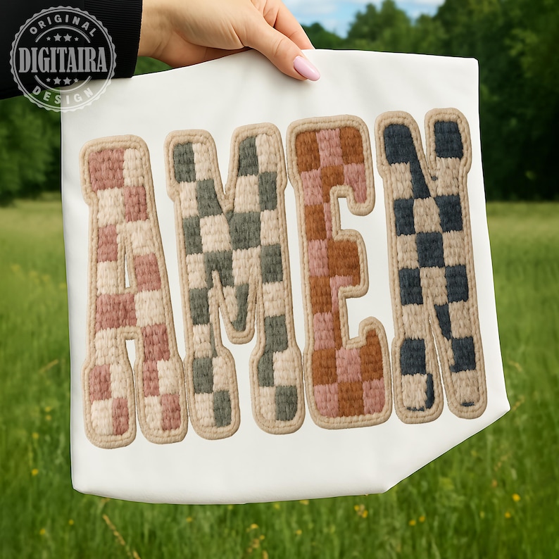 Amen Png, Crochet Christian Checkered PNG Retro Yarn Faith Png Blessed ...