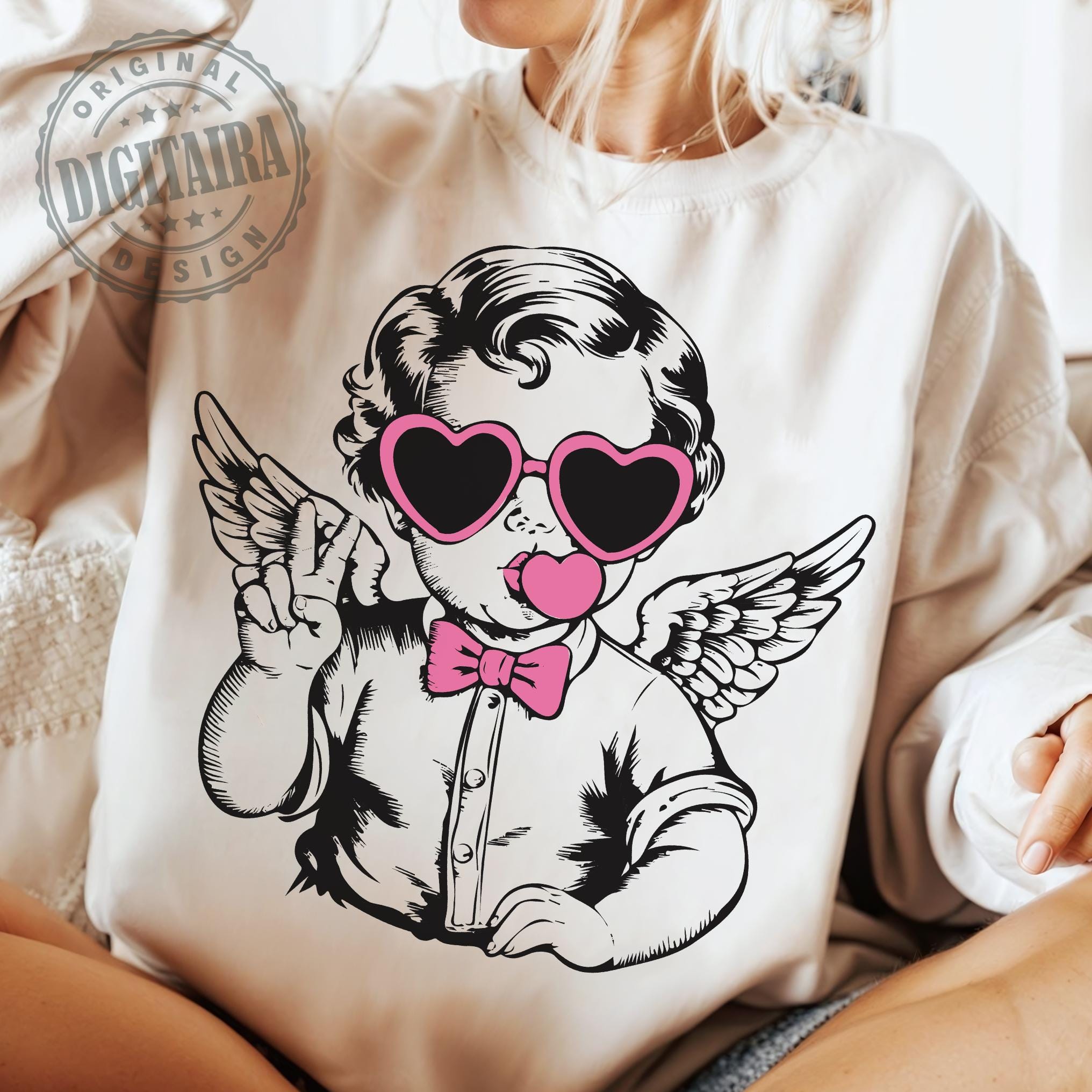 Retro Cupid Valentines Day Blowing Bubble PNG, Vintage Valentines Day ...