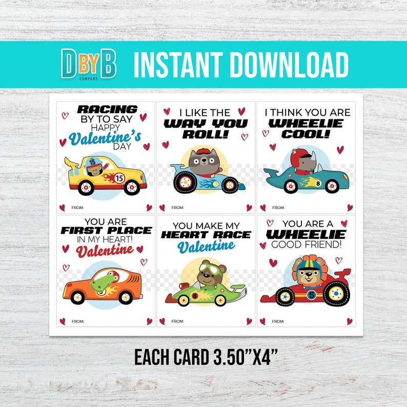 Race Car Valentines Day Printable Cards - Etsy