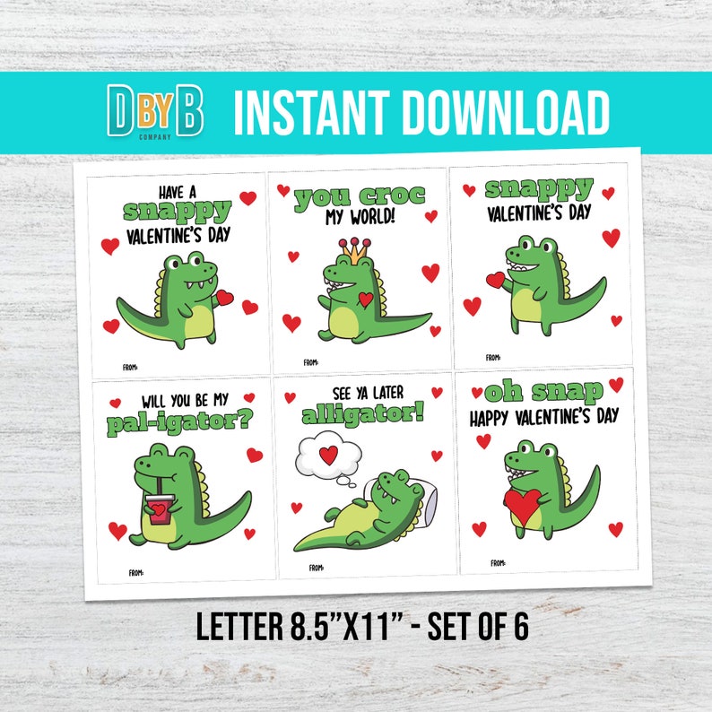 Alligator Valentines Day Printable Cards - Etsy