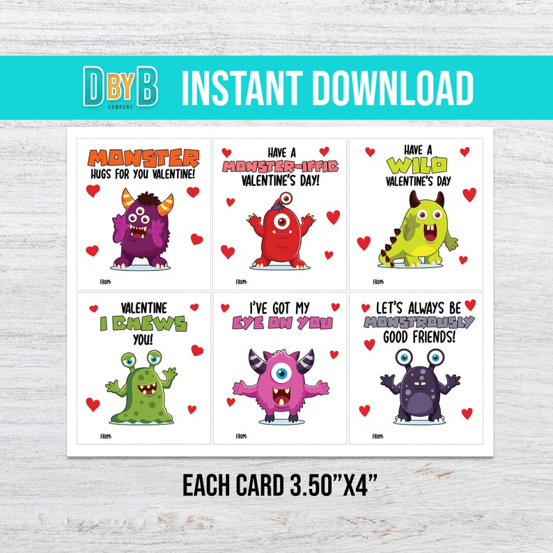 Monster Valentines Day Printable Cards - Etsy