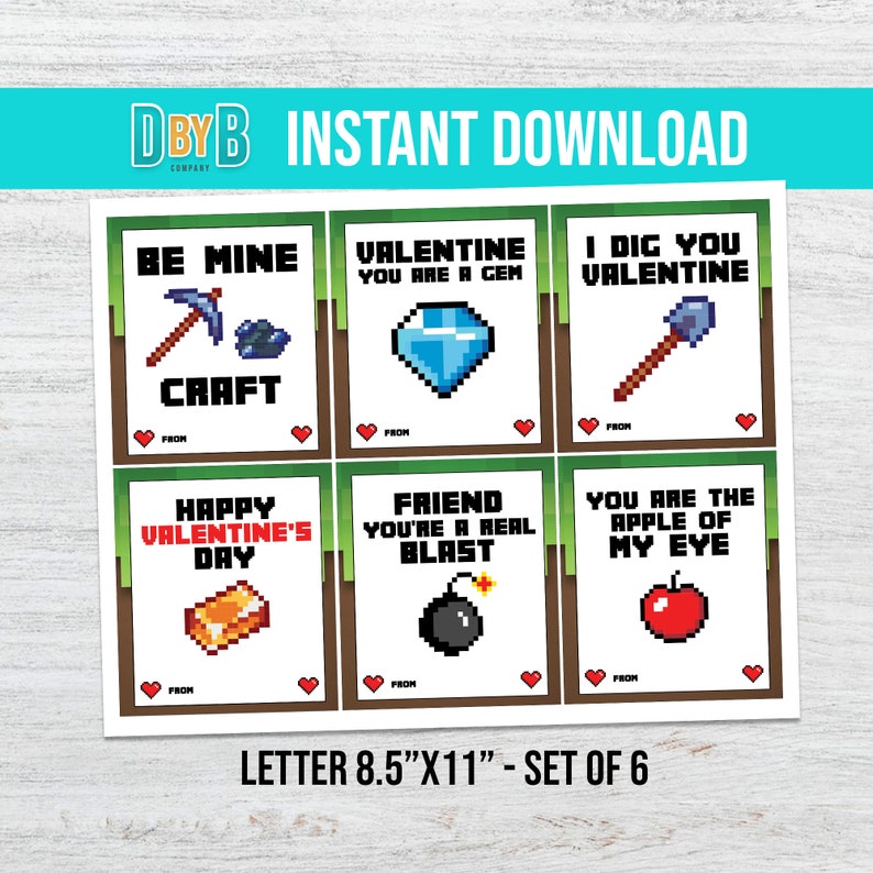 Minecraft Valentine's Day Cards, Set of 6 (digital Download) - Etsy