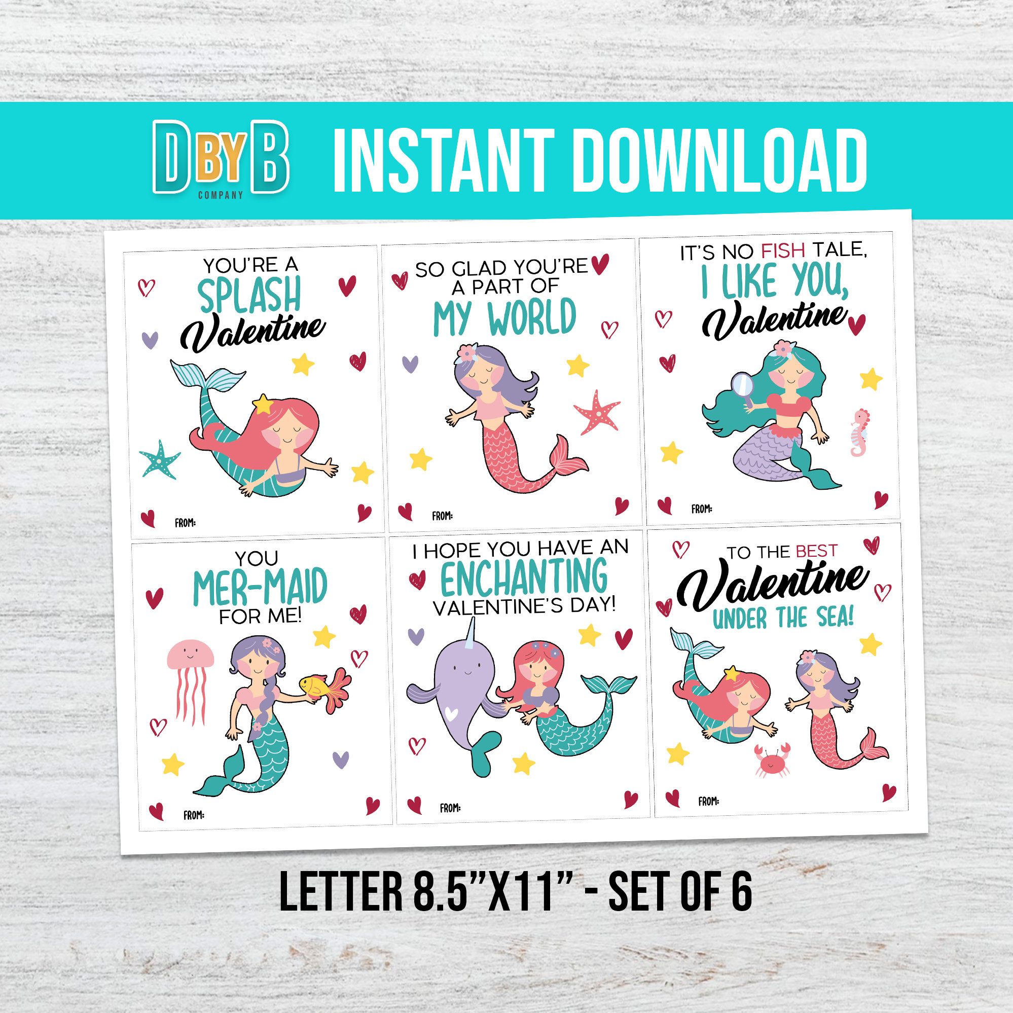 Mermaid Valentines Day Printable Cards - Etsy