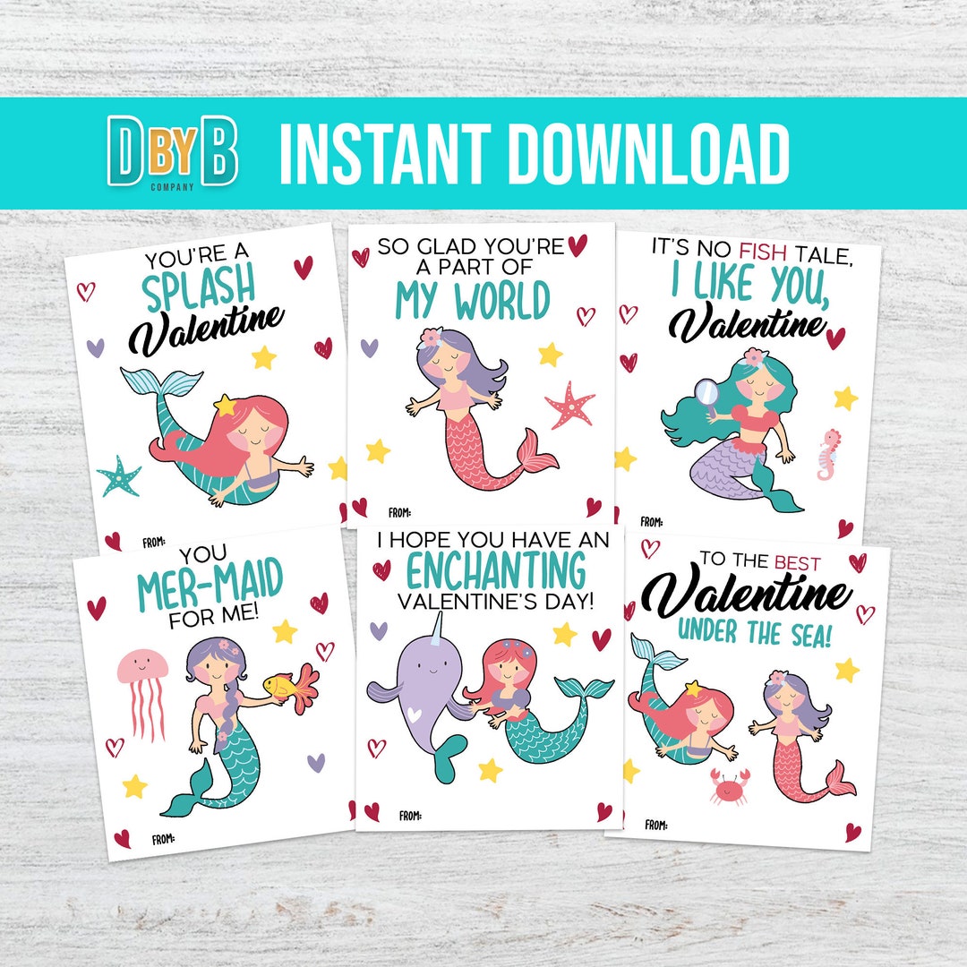 Mermaid Valentines Day Printable Cards - Etsy