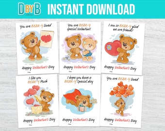 Printable Bear Valentine's Day Cards for Kids, Classroom Valentines ...
