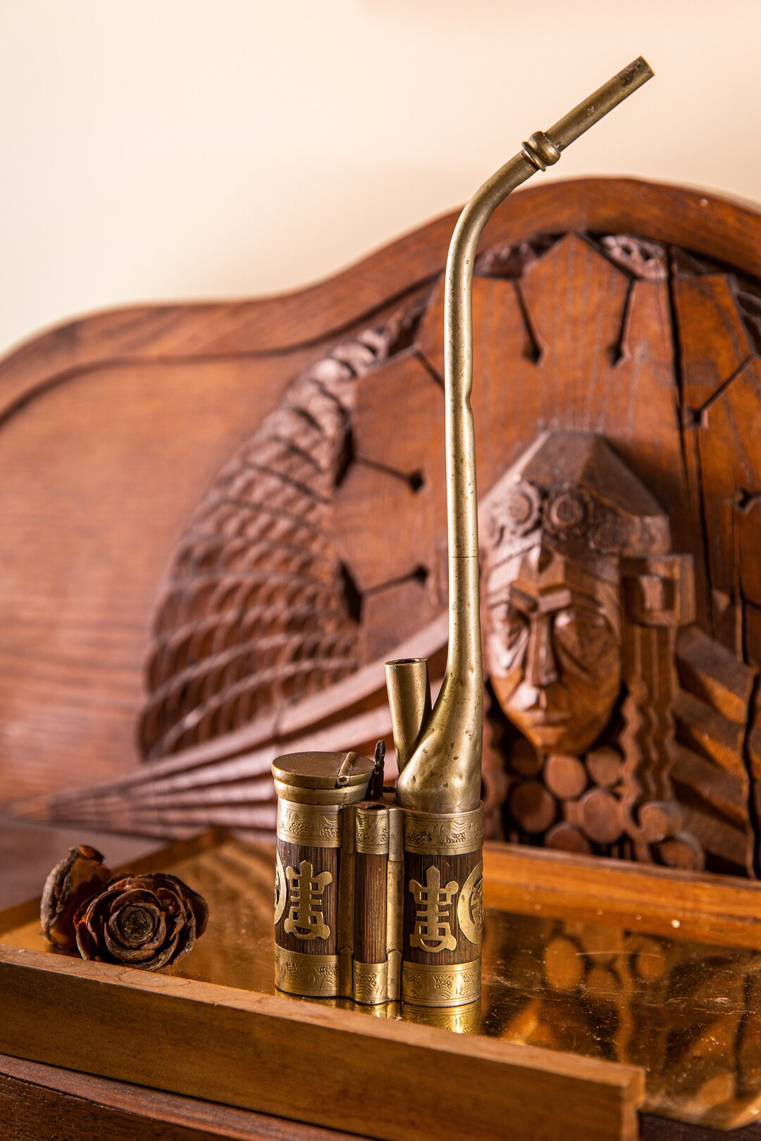 Old Vintage Chinese Water Pipe Antique Engraved Brass Asian Early 19th ...