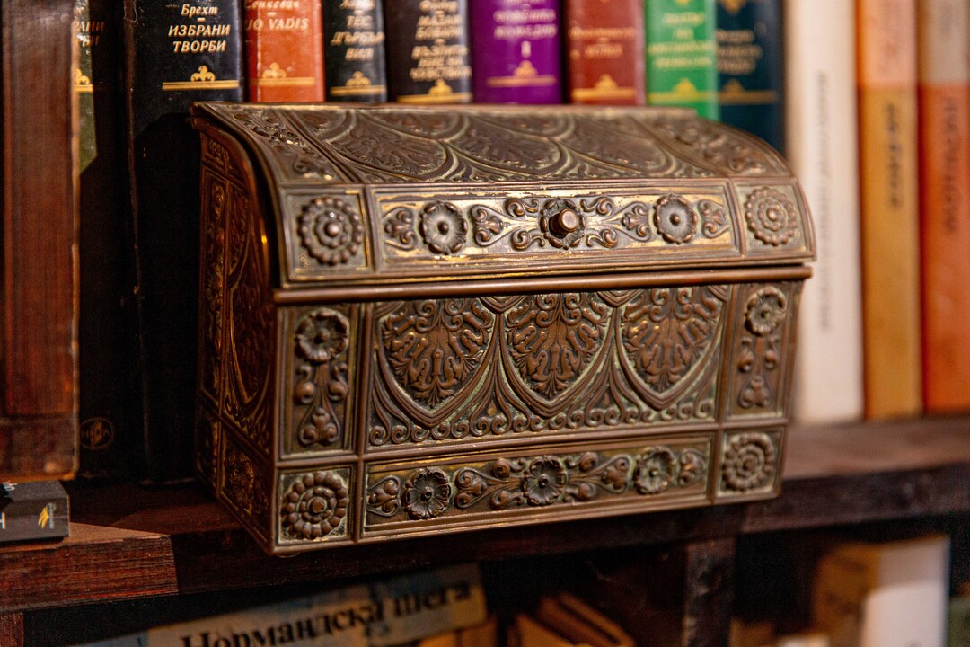 Antique Embossed Brass Cased Desk Type Stationery or Small Letter Box ...