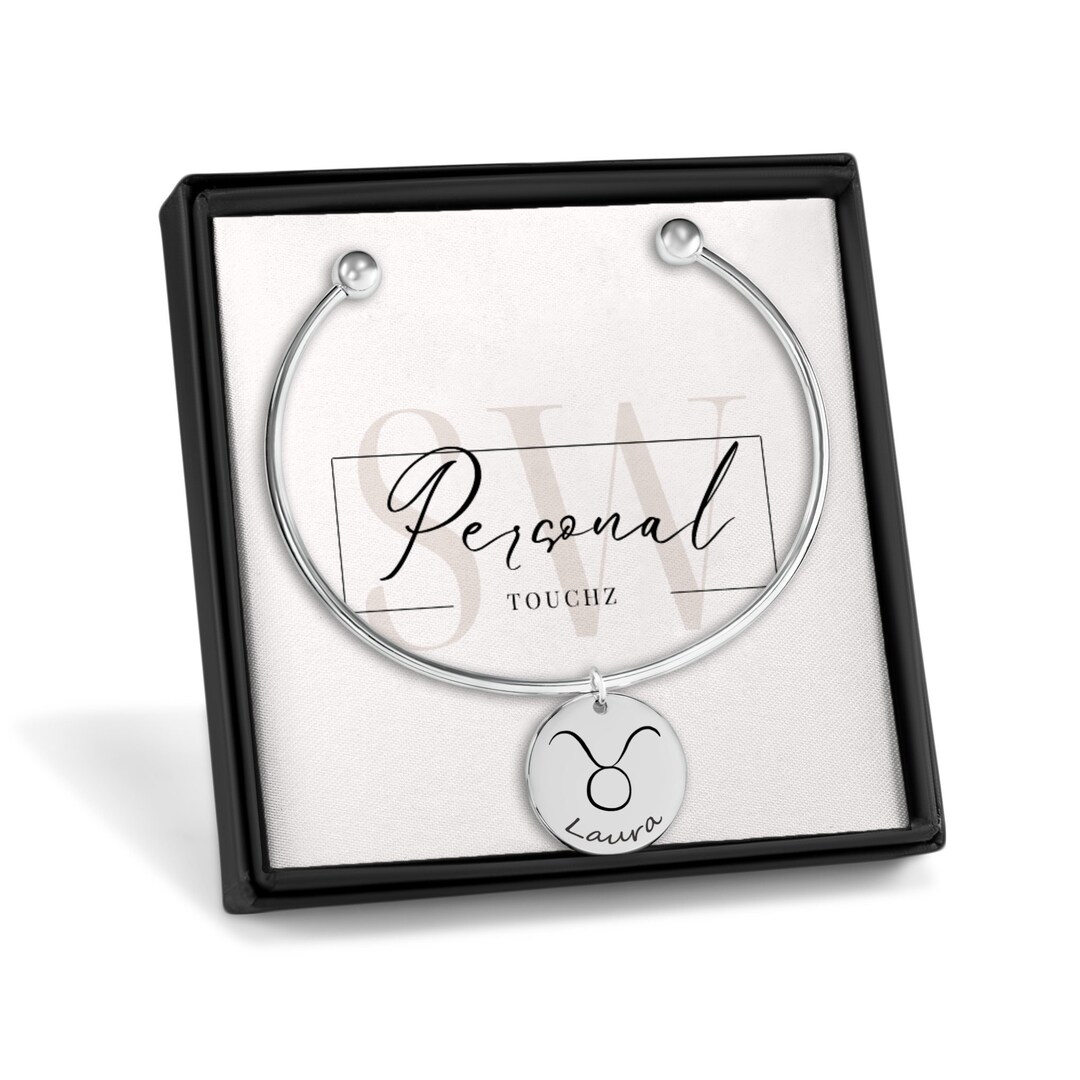Zodiac Sign Bangle Bracelet With Name and Custom Back Engraving Unique ...
