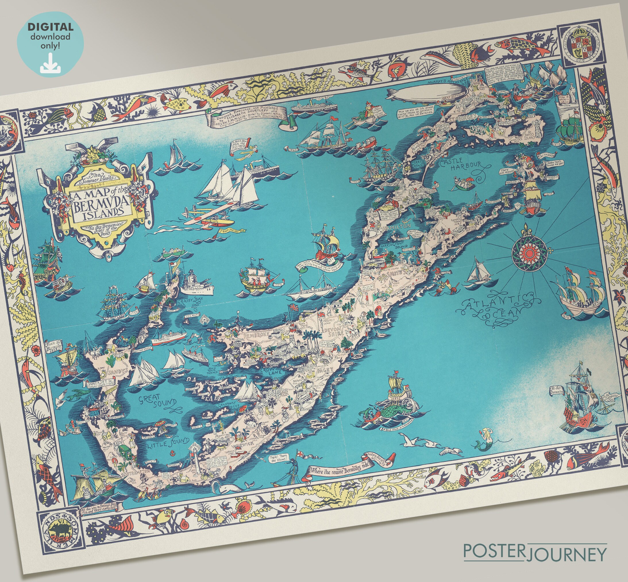 Old Pictorial Map of Bermuda Islands | Retro Vintage Map | Colorful ...
