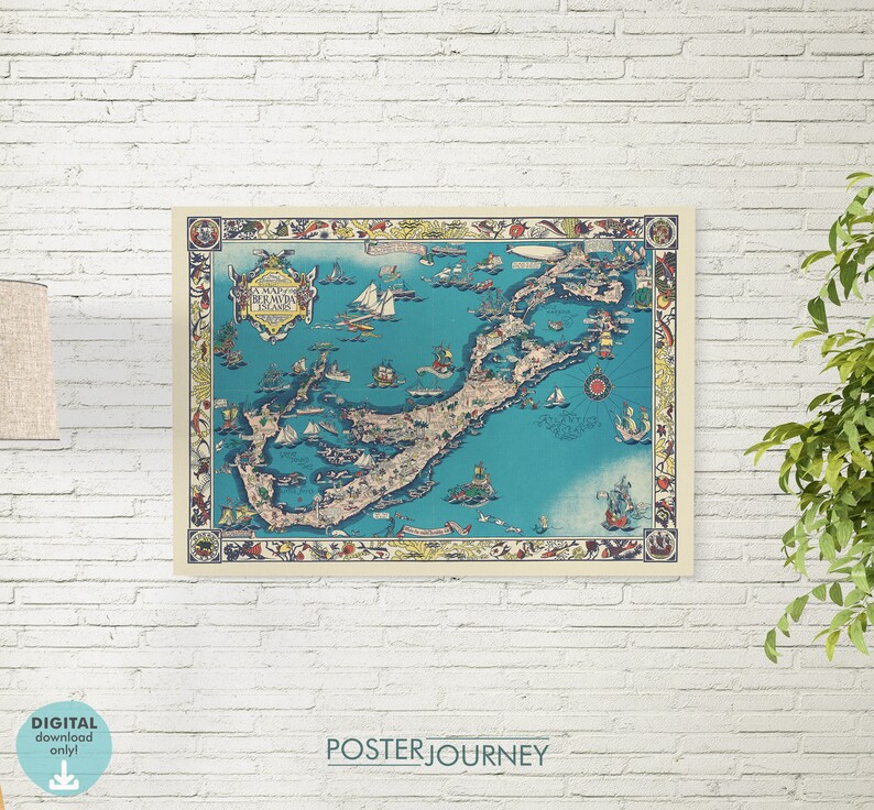 Old Pictorial Map of Bermuda Islands | Retro Vintage Map | Colorful ...
