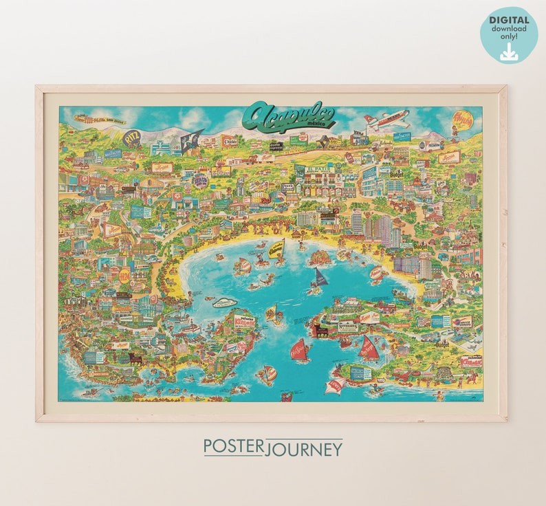 Pictorial Acapulco Mexico Vacation Map Retro Vintage Map Colorful Print ...