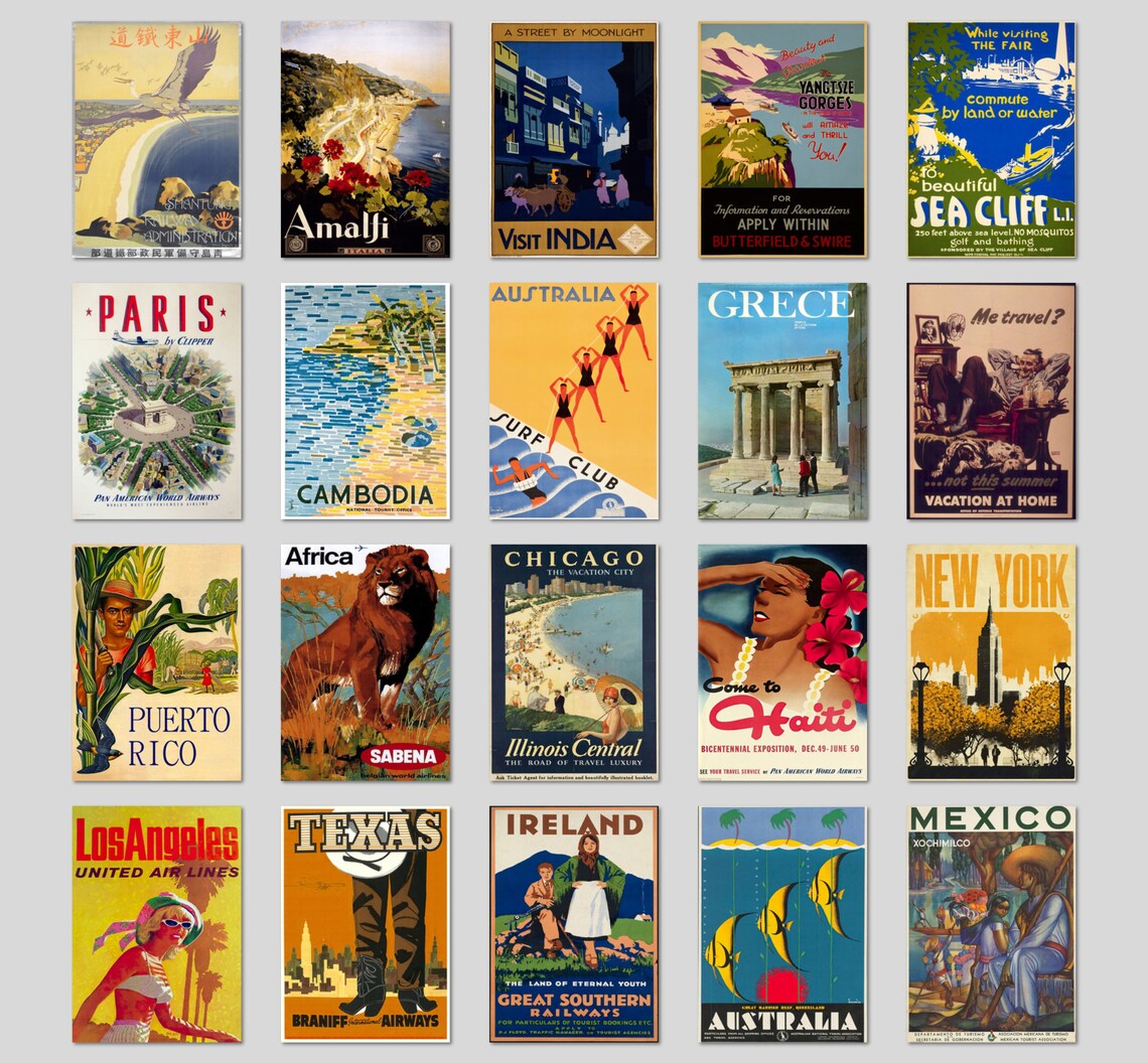 Retro Travel Posters, Vintage Gallery Wall Art, Aesthetic Wall Collage ...
