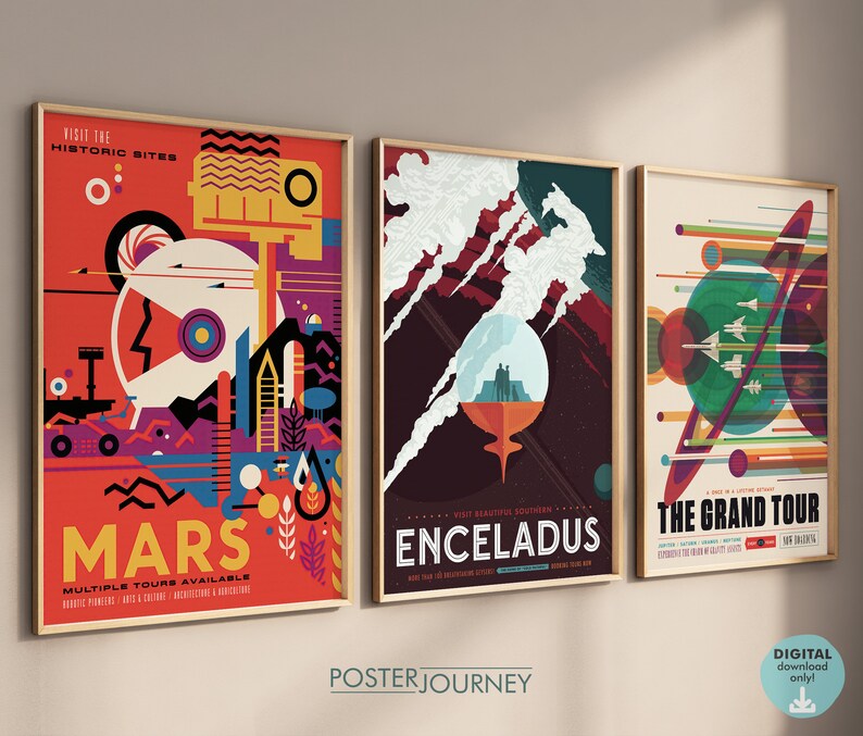 Retro Futuristic Space Travel Poster Bundle, Gallery Wall Set of 15 ...