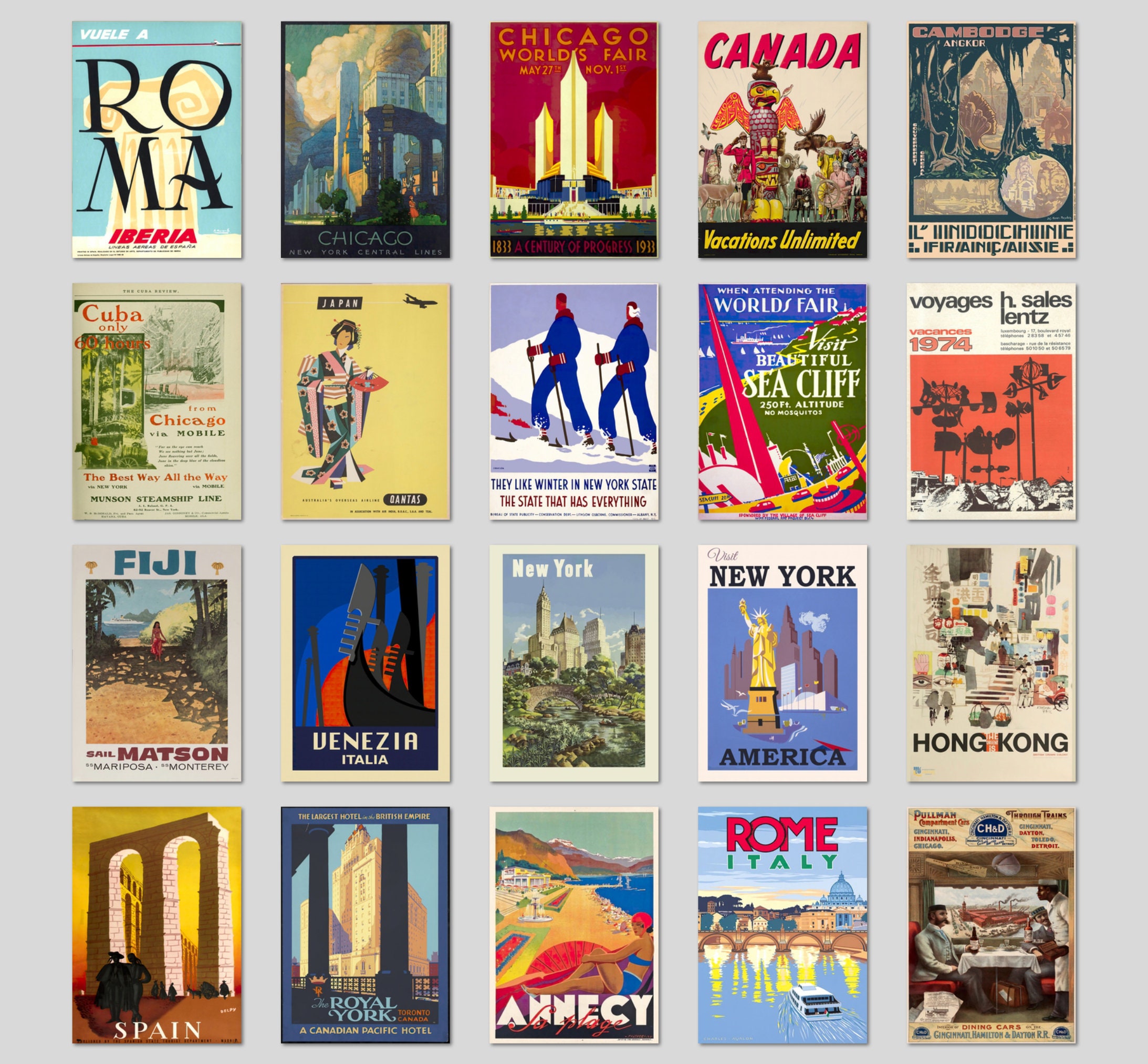 Retro Travel Posters, Vintage Gallery Wall Art, Aesthetic Wall Collage ...