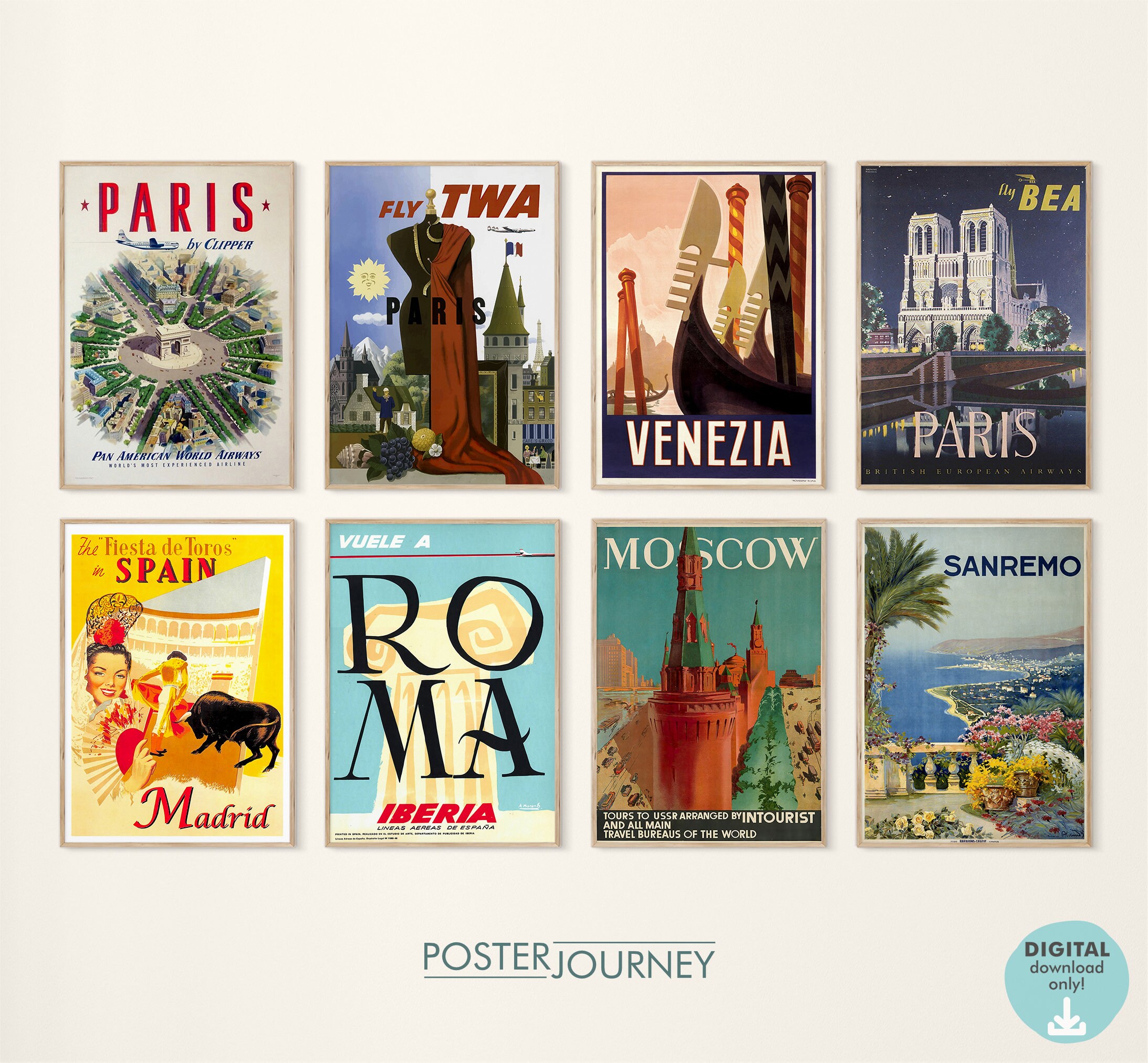 Retro Travel Posters, Vintage Gallery Wall Art, Eclectic Print Set ...