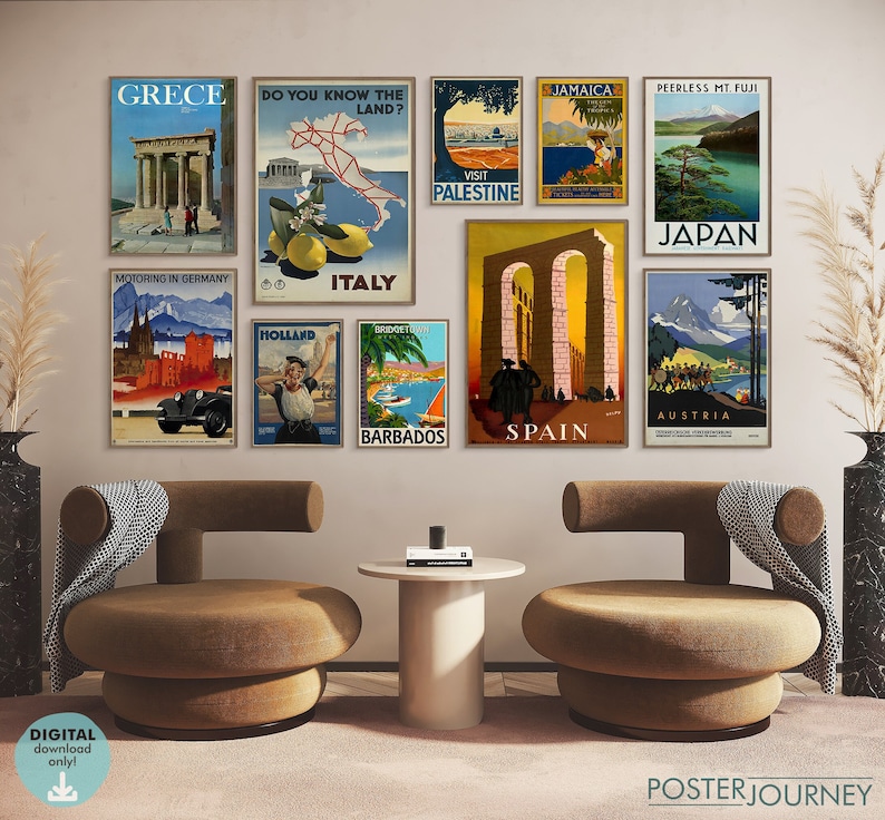 Retro Travel Posters, Vintage Gallery Wall Art, Eclectic Print Set ...