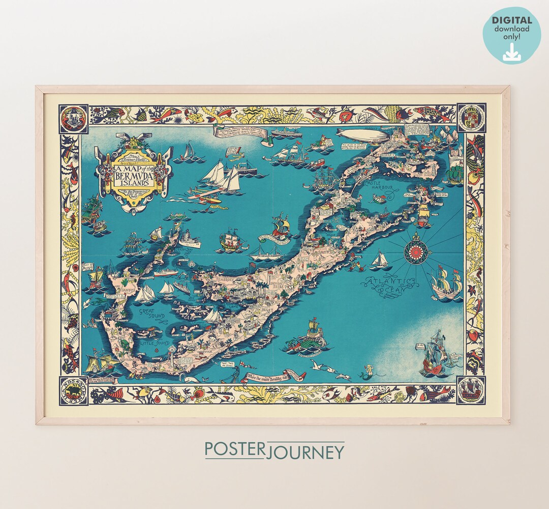 Old Pictorial Map of Bermuda Islands | Retro Vintage Map | Colorful ...
