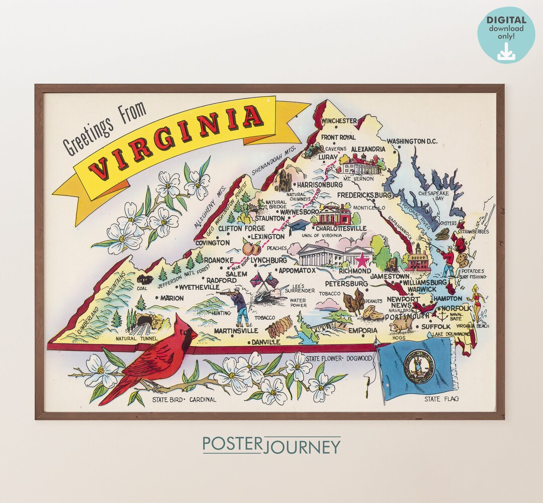 Mapa pictórico de flora y fauna de Virginia EE. UU., Mapa vintage retro ...