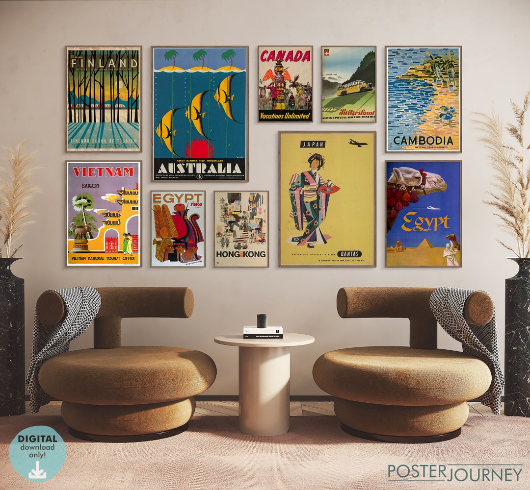 Retro Travel Posters, Vintage Gallery Wall Art, Eclectic Print Set ...