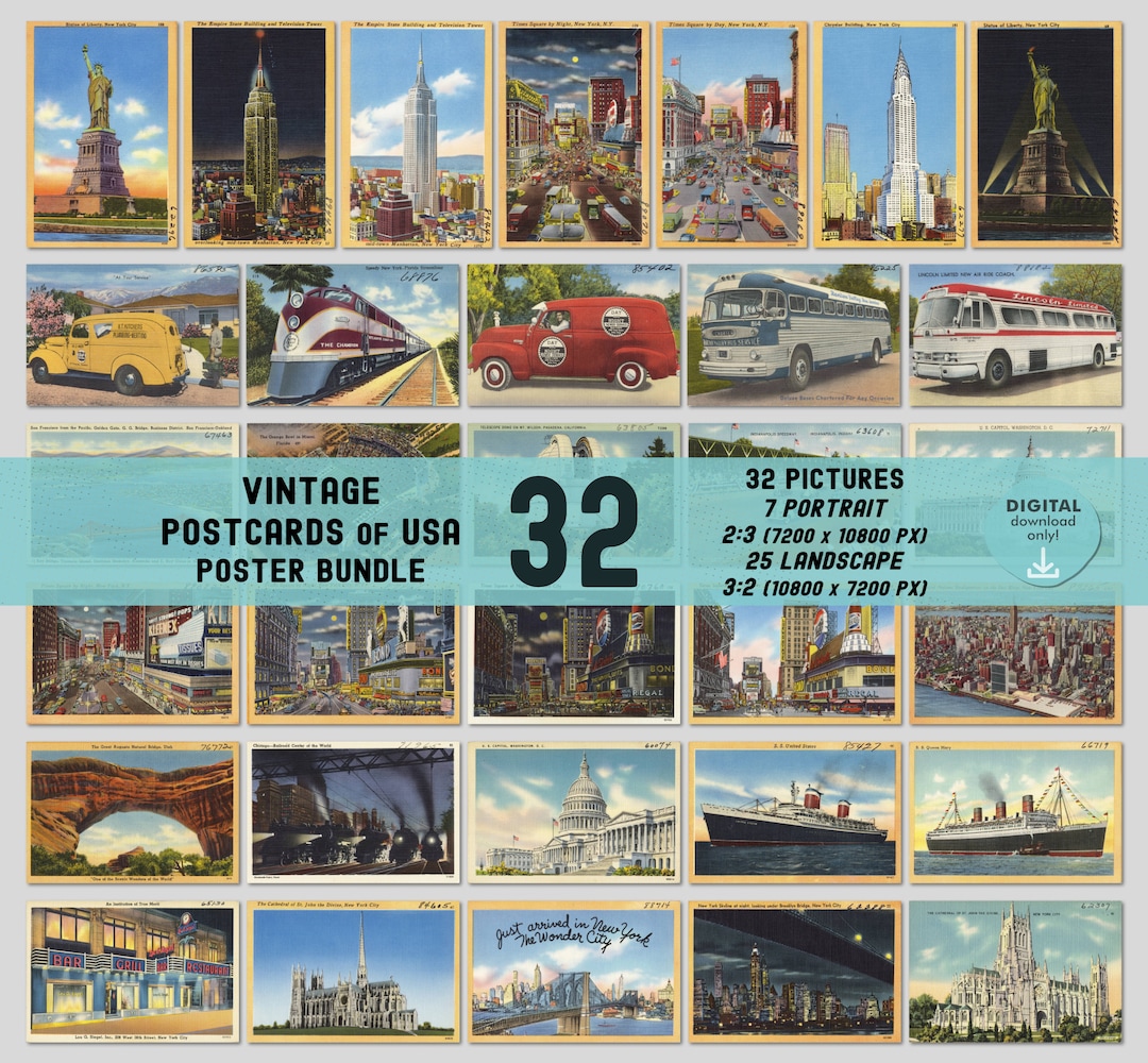 Vintage US Postcards Gallery Wall Art, Vintage Posters of America, Set ...