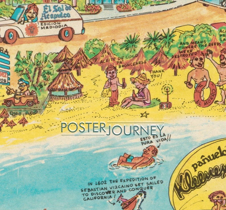 Pictorial Acapulco Mexico Vacation Map Retro Vintage Map Colorful Print ...