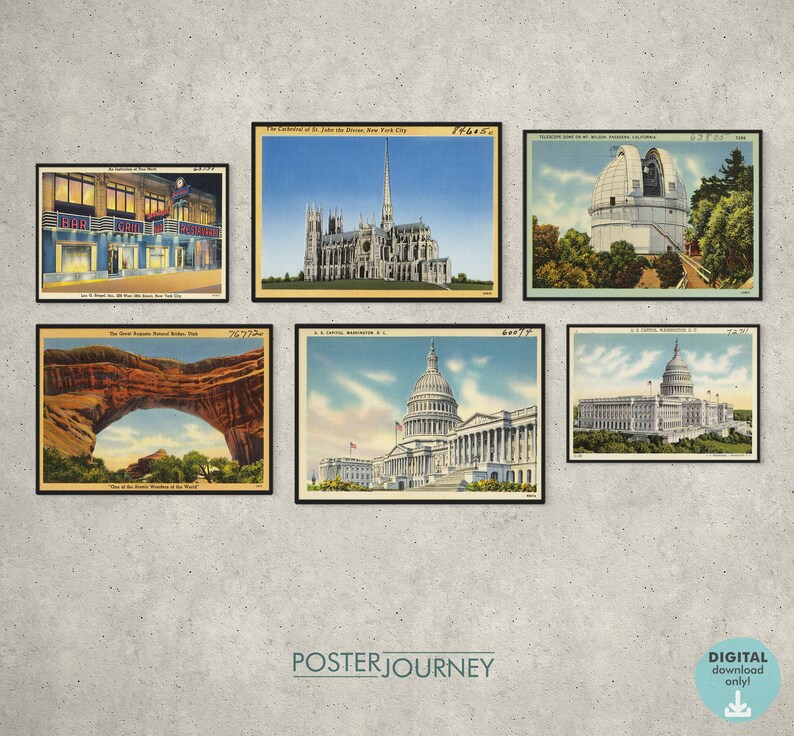 Vintage US Postcards Gallery Wall Art, Vintage Posters of America, Set ...