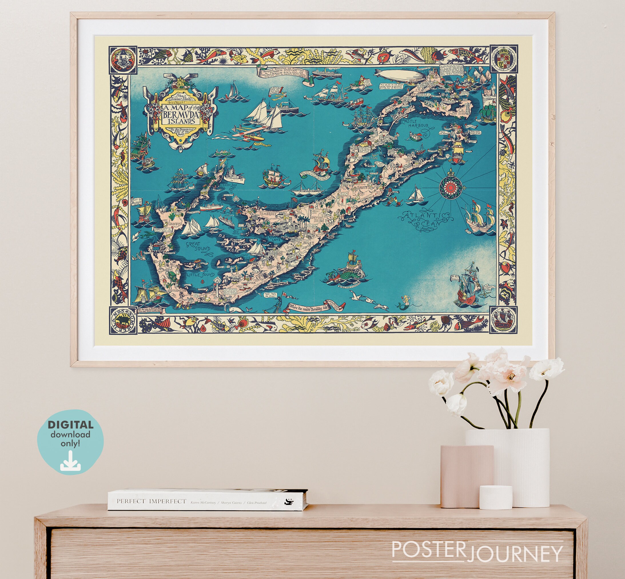 Old Pictorial Map of Bermuda Islands | Retro Vintage Map | Colorful ...