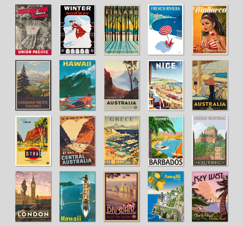 Retro Travel Posters, Vintage Gallery Wall Art, Aesthetic Wall Collage ...