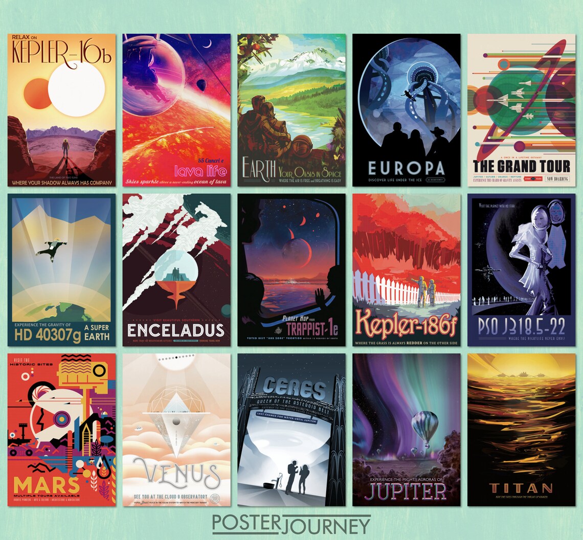 Retro Futuristic Space Travel Poster Bundle, Gallery Wall Set of 15 ...
