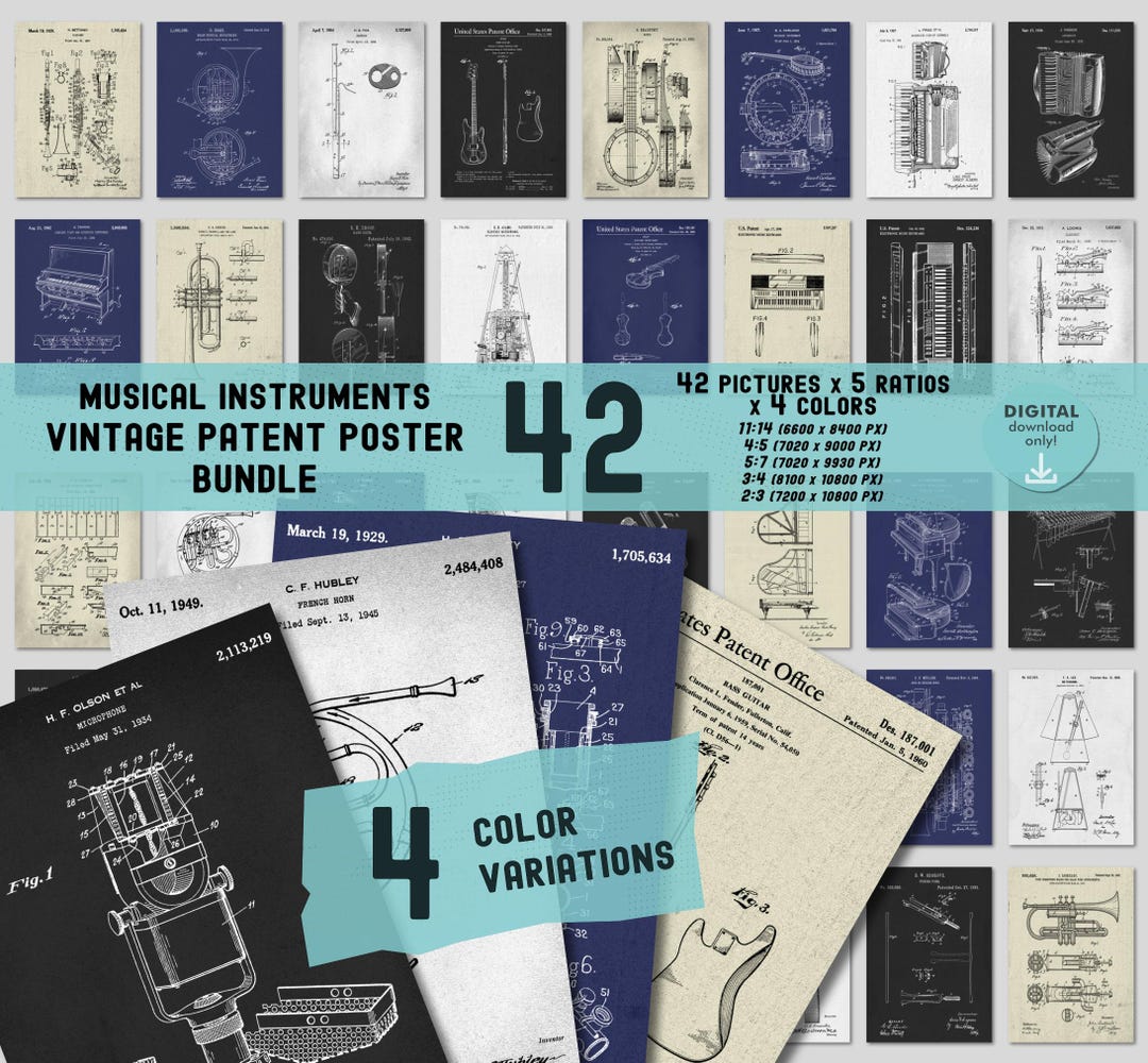 Vintage Musical Instrument Patent Posters, Set of 42 Prints Bundle in 4 ...